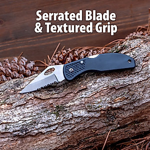 Maxam Lockback 7 (Open) Inch Pocket Knife - Stainless Steel Half Serrated Blade, Textured No-Slip Handle, Carry Clip, Black