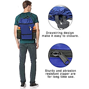 BeeGreen Royal Blue Drawstring Backpack Bag String Cinch Sack Backpack with Zipper Pockets and Mesh Water Bottle Holders Beach Backpack Large 18" L x 15" W Gym Sports Swim Bag
