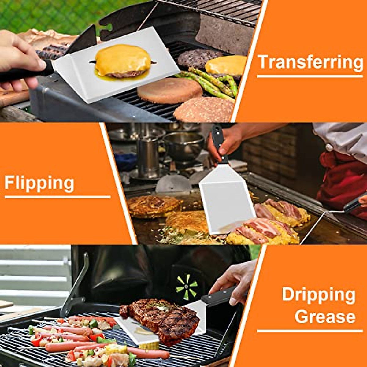 Joyfair Metal Burger Spatulas Set of 2, Stainless Steel Hamburger Turner for Griddle Flat Top Barbecue, Large Wide Thick Spatula with Hook, Great for Grilling Flipping Cooking Kitchen Restaurant