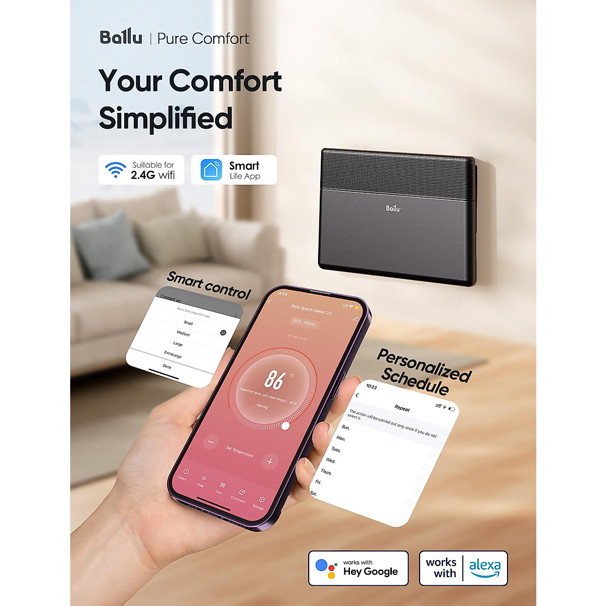 Ballu Convection Panel Space Heater,Whole Room Electric Space Heater Indoor with Program Thermostat,Wifi App,Portable Standing Wall Mount,Heater Indoor Use Large Room,Work with Alexa