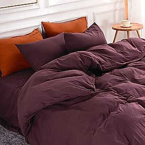 NEXHOME PRO Duvet Cover Set King Size Linen Look Textured Organic Natural 100% Washed Cotton Duvet Cover Burgundy Dark Red 3 Pieces Bedding Set with Zipper, Breathable, Soft (No Comforter)