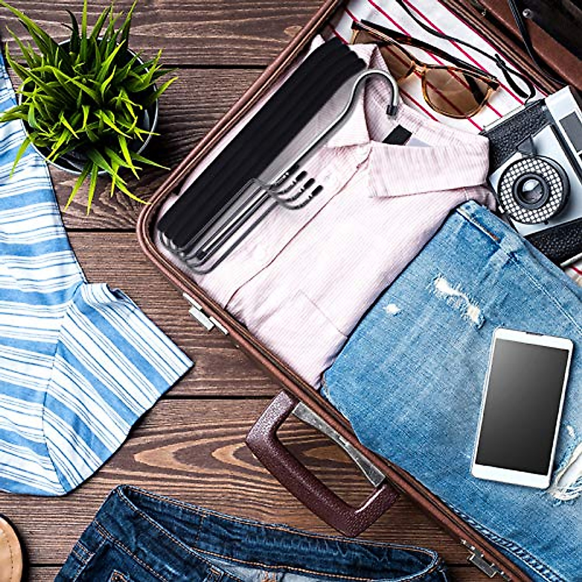 HOUSE DAY Pants Hangers 4 Layers Space Saving Multi Functional Pants Rack Non-Slip Clothes Closet Storage Organizer for Pants Jeans Trouser Skirts Scarf Black (4 Pack)