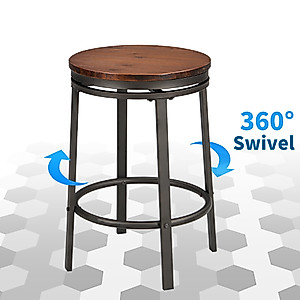 O&K FURNITURE 24-Inch Backless Swivel Bar Stools Counter Height, Industrial Stools for Kitchen Counter, Wood and Metal Bar Stool Chairs Set of 2, Dark Brown