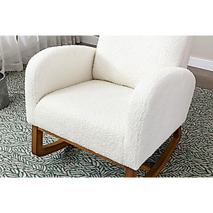 Pannow Upholstered Rocking Chair Mid-Century, Modern Nursery Rocking Armchair, Upholstered Tall Back Accent Glider Rocker with 2-Side Pocket for Bedroom Living Room Lounge (White Teddy)