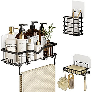 AMADA HOMEFURNISHING Shower Caddy Set, Stainless Steel Shower Organizer with Strong Adhesive, Shower Shelves with Toothbrush Holder, Soap Holder & Towel Bar, No Drilling, Set of 3, Black, AMHSR02B
