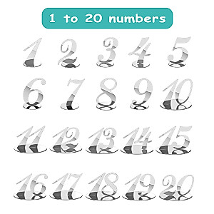 Rely2016 Mirrored Table Number, 1-20 Wedding Table Numbers Stands with Holder Base Acrylic Table Numbers Place Card Holders Reception Décor for Wedding Banquet Birthday Party Event Catering (Silver)
