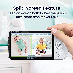 Babysense 5.5” 1080p Full HD Split-Screen Baby Monitor, Video Baby Monitor with Camera and Audio, Two PTZ Cameras, RGB Night Light, 1000ft Range, Two-Way Audio, 4X Zoom, 5000mAh Battery