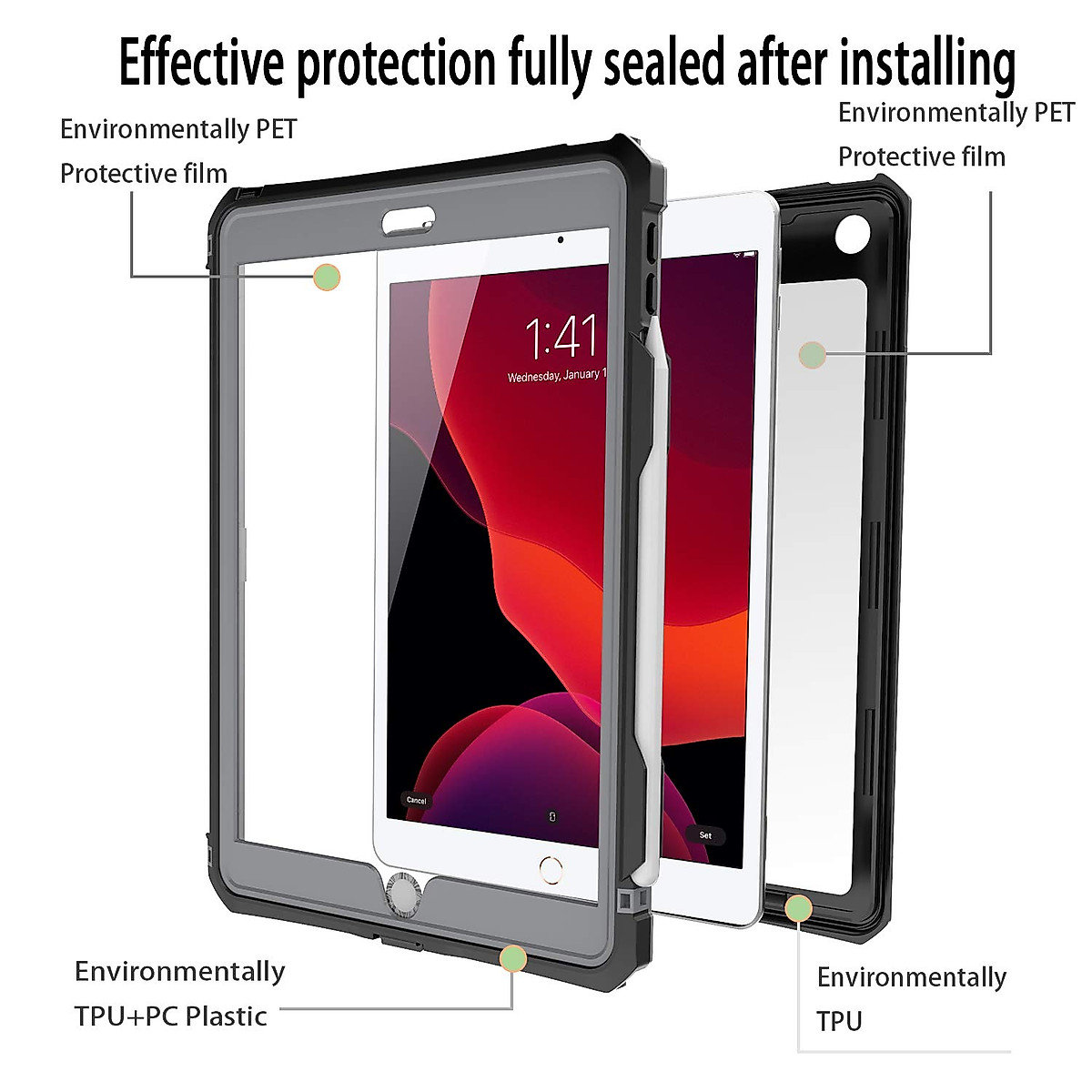 FXXXLTF iPad Case, Waterproof Full Body Cover for iPad 10.2 inch 2021 (Black), Compatible with 7th/8th/9th Gen, Protective with Pencil Holder, Anti-Scratch, Shockproof, IP68