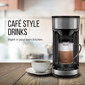 Chefman Froth + Brew Coffee Maker and Milk Frother Single Serve Brewer for K-Cup Pods & Grounds for Latte and Cappuccino Style Drinks, Compact 20 oz. Glass Mug and Reusable Filter Included, 21 oz