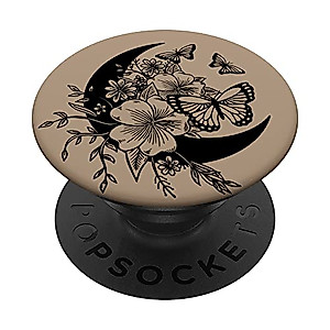 Champagne Tan Black Butterfly Crescent Moon Flower PopSockets Swappable PopGrip