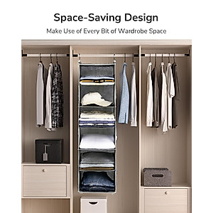 ULG 1 PC Hanging Closet Organizer, 3-in-1 to 6-in-1 Reversible Closet Hanging Shelves with 6 Side Pockets for Wardrobe Clothes Sweater Storage, Foldable, Dark Gray