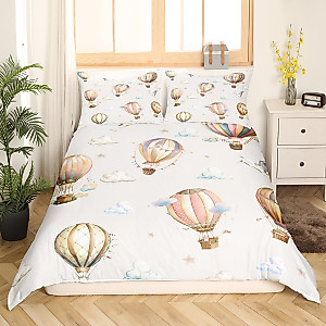 Hot Air Balloon Duvet Cover Set Twin Size,Cloud Starry Sky Cartoon Balloons Bedding Set,Boys Girls Room Decor,White Crane Bird Animal Comforter Cover,Beige Quilt Cover,1 Pillowcase(No Comforter)