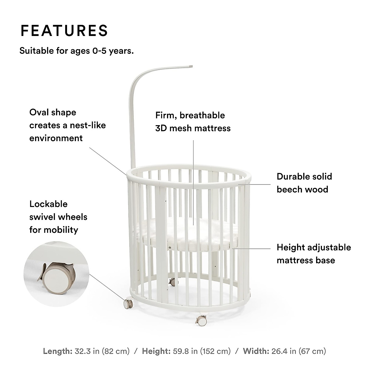 Stokke Sleepi Mini Bundle, White - Includes Crib/Bed, Mattress & Drape Rod - Suitable for Ages 0-5 Years Old - Adjustable & Stylish