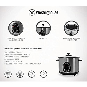 Westinghouse 220 Volt Rice Cooker 10 Cup, Non Stick Cooking Pot, Measuring Cup, Keep Warm Function-Stainless Steel-700W (NOT FOR USE IN USA)