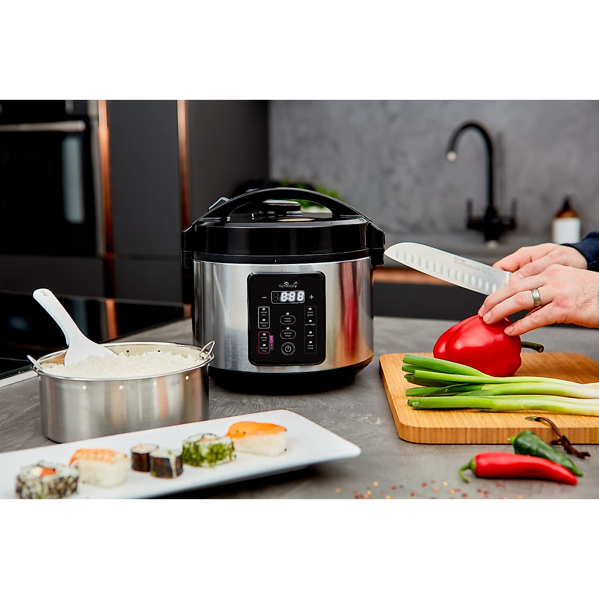 Yum Asia Kumo YumCarb Rice Cooker with Ceramic Bowl and Advanced Fuzzy Logic, (5.5 Cups, 1 Litre), 5 Rice Cooking Functions, 3 Multicooker Functions, 110V US Power (Light Stainless Steel)