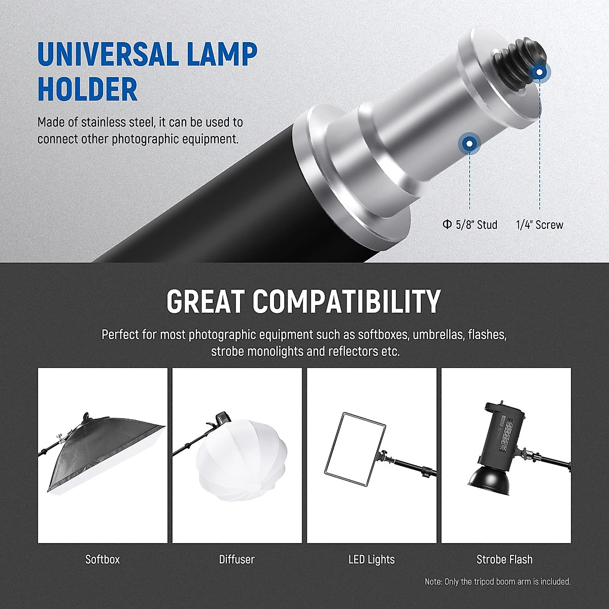 NEEWER Tripod Boom Arm, 35" to 61" (89 to 155cm) with 1.5kg Counterweight and Sandbag, 1/4" Screw Compatible with Softbox, Studio Light, Flash, Umbrella, Ring Light, Max Load 5kg