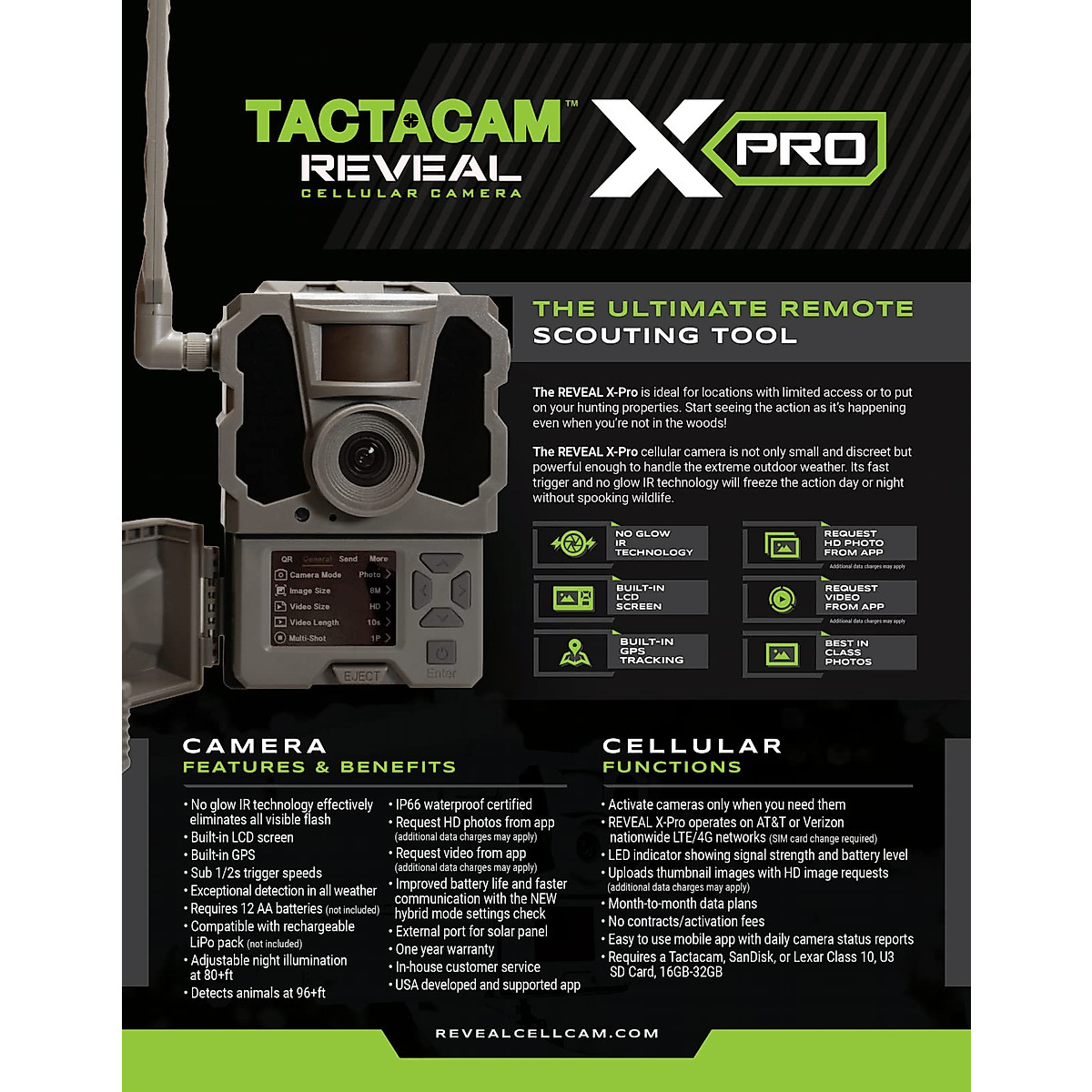 TACTACAM Reveal X PRO Cellular Trail Camera, Verizon and AT&T, NO Glow, Integrated GPS Tracking, Built in LCD Screen, HD Photo and HD Video (X-PRO)