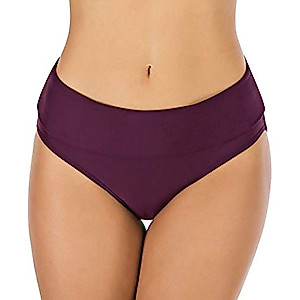 Micosuza Women's High Waisted Bikini Bottoms Shape Control Fold Swim Brief Tankini Bottoms Purple