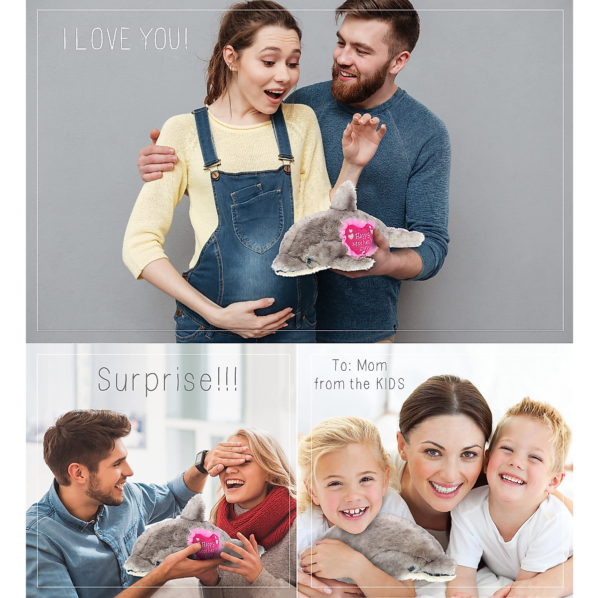 DolliBu Happy Mother's Day Super Soft Plush Grey Dolphin Doll Figure - Cute Stuffed Animal with Pink Heart Message for Best Mommy, Grandma, Wife, Daughter - 12.5" Inch