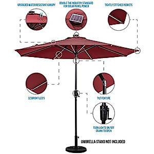 Sun-Ray 811028 9' Round Next Gen 8-Rib Solar Patio Umbrella 32 LED Within Unique Strip Lighting, Crank and Tilt, 9 ft, Scarlet/Red