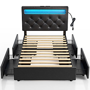 Rolanstar Twin Size Bed Frame with Charging Station and LED Lights, Upholstered PU Leather Bed with Adjustable Headboard and 4 Storage Drawers, No Box Spring Needed, Easy Assembly, Black