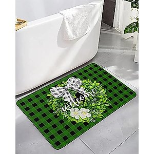 Green Plaid Bath Mat for Tub,Non Slip Bathroom Floor Runner Rug Quick Dry & Absorbent Diatomaceous Earth Kitchen Room Shower Sink Washable Doormat,Country Leaves Flower Plaid Grey Garland 16"x24"