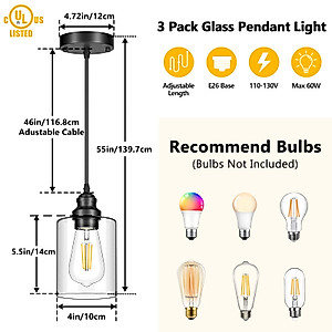 Licperron 3 Pack Hanging Pendant Lighting Fixtures, Adjustable Black Hanging Ceiling Lamp with Clear Glass Shade, Modern Pendant Light for Kitchen Island, Dining Room, Bedroom, Hallway