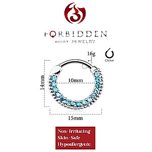 Forbidden Body Jewelry 16g 10mm Rounded Top Pave Aqua Blue CZ Clicker Hoop for Septum & Cartilage Piercings
