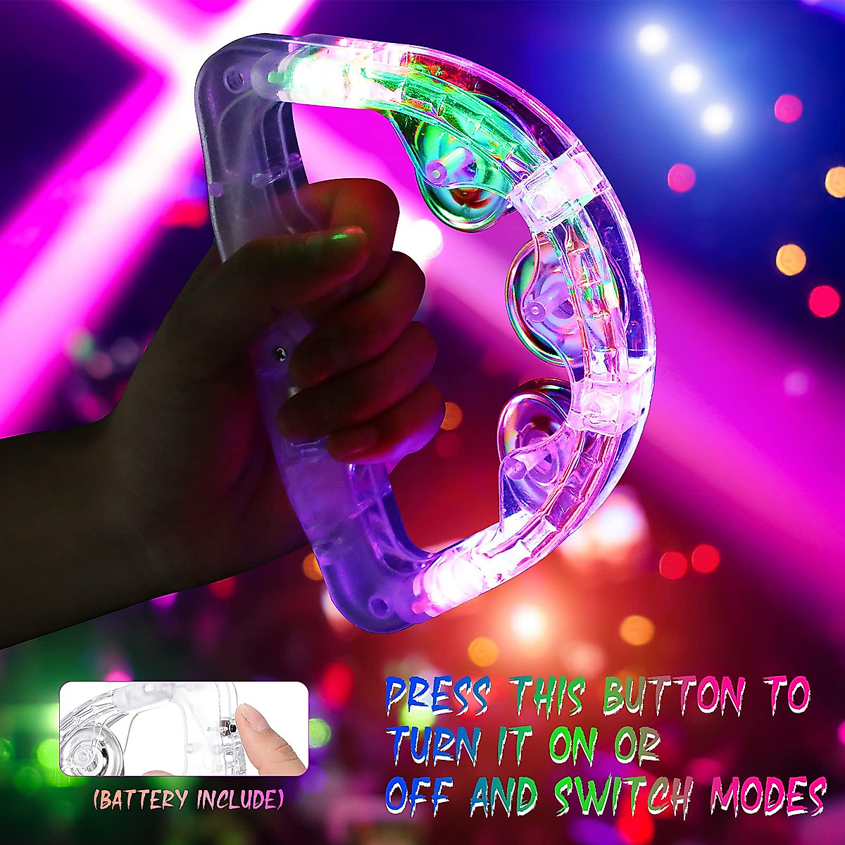 12 Pieces Light Up Tambourine LED Flashing Tambourine Musical Flashing Tambourine Handheld Percussion Instrument Glow Tambourines for Adults Wedding Party Toys(White)