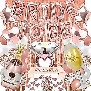 Rose Gold Bachelorette Party Supplies Naughty, Bride to Be Balloons, Ring, Champagne Bottle，Goblet Balloons Foil Curtain Sash Cake Topper for Bridal Shower Favors Decoration Kit