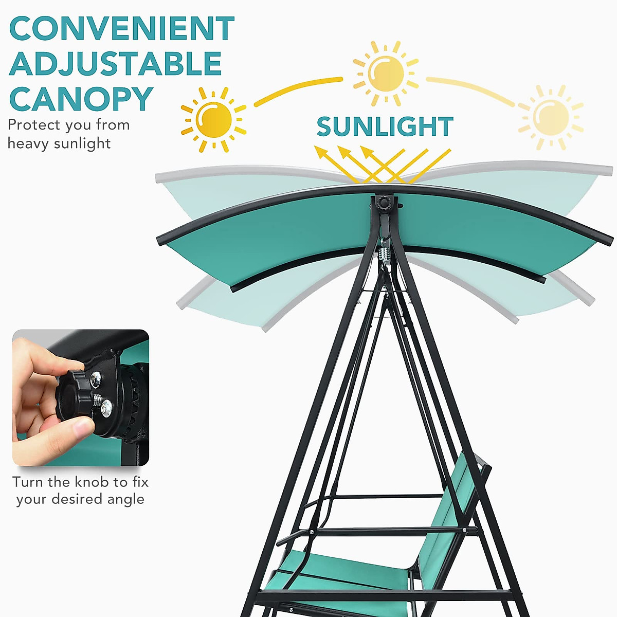Tangkula 2-Person Patio Swing, Weather Resistant Porch Swing with Adjustable Canopy, Steel Frame, Outdoor Modern Canopy Swing with Handrails, Suitable for Porch Garden Poolside (Green)