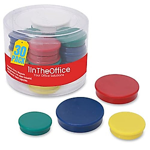 1InTheOffice Colored Magnets, Strong Magnets, Heavy Duty Magnets, Round Magnets, Assorted Size 3/4", 1-1/4" and 1-1/2", (30/Pack)