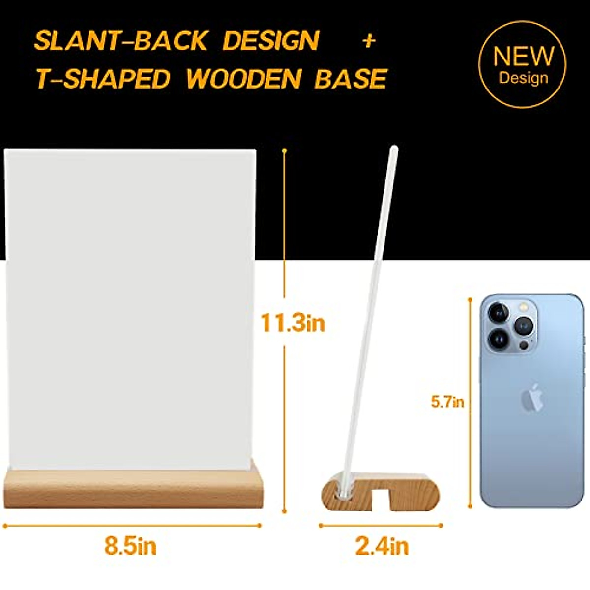 3 Pack Acrylic Sign Holder, L/T Shape Clear Acrylic Frames Wood Base, Table Menu Display Stand for Office, School, Restaurant (8.5 x 11)