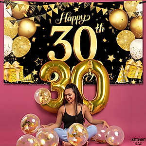 KatchOn, Happy 30th Birthday Backdrop - Large, 72x44 Inch | Black and Gold 30th Birthday Decorations | Happy 30th Birthday Banner for 30th Birthday Party Men, Women