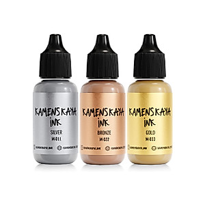 KAMENSKAYA Metallic Alcohol Ink Set: Gold Alcohol Ink, Silver Alcohol Ink, Bronze Alcohol Ink, 0.51 fl oz (15 ml) Each