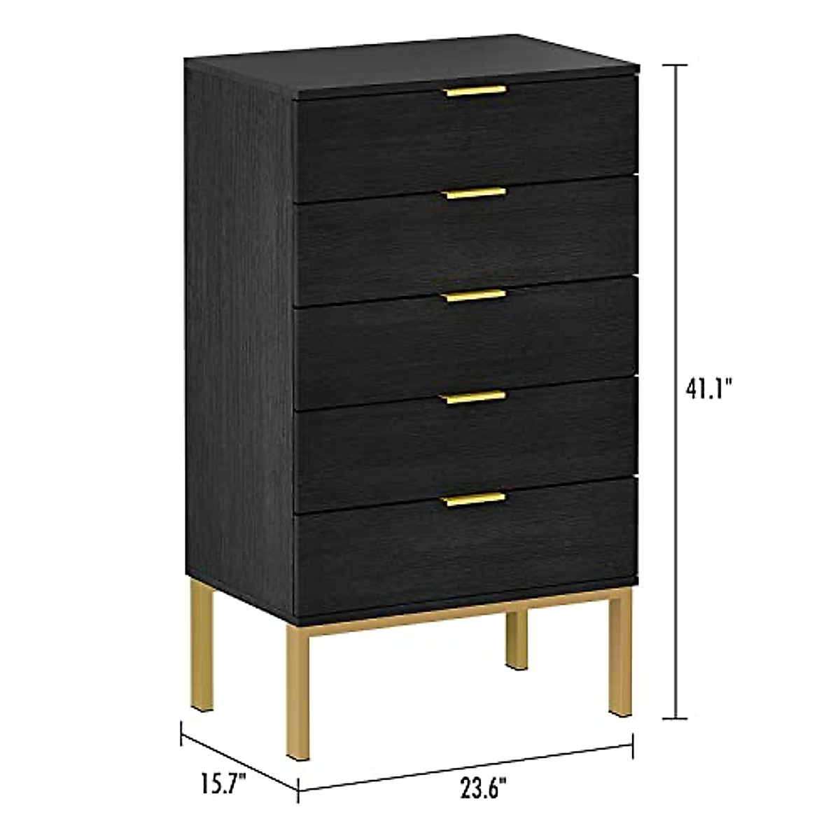 ECACAD Modern Dresser with 5 Drawers & Metal Legs, Wood Dresser Storage Chest for Bedroom, Living Room, Black (23.6”L x 15.7”W x 41.1”H)