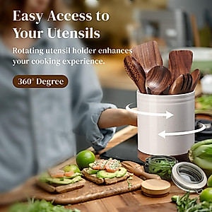 DOWAN 7.6" 360° Rotating Utensil Holder, Cooking Utensil Holder, Kitchen Utensil Holder for Countertop, Ceramic Utensil Crock, Large Utensil Holder for Kitchen Counter, Protection Cork Bottom, White