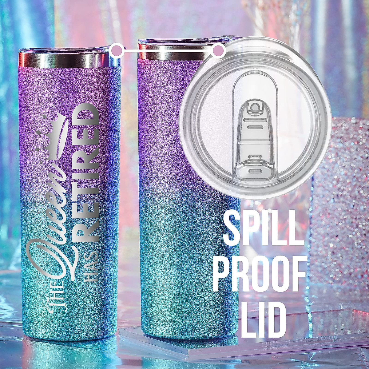 Onebttl Retirement Gifts for Women, Funny Retirement Tumbler 20oz, Retired Gifts for Coworkers, Grandma, Friends - Blue Purple (The Queen Has Retired)