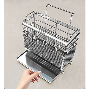 Sturdy 304 Stainless Steel Utensil Drying Rack, Basket Holder with Hooks 2 Compartments Draining Basket, Rust Proof, No Drilling,Kitchen Dish Drainer Dish Drying Rack