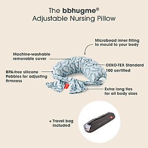 bbhugme Adjustable Nursing Pillow - Breastfeeding, Bottle Feeding, Baby Support - Adjustable Firmness and Fit - Washable Pillow Cover - Feather Blue