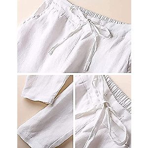 Tanming Linen Pants for Women Summer Casual High Waisted Drawstring White Beach Pant (White, M)
