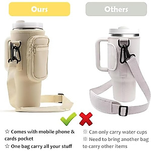 RUNBFUUY Water Bottle Carrier Bag Water Bottle Holder for 30/40Oz Tumbler with Strap and Pockets, Adjustable Strap for Outdoor Sports Camping Hiking Travelling, White