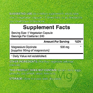 Magnesium Glycinate 500mg, 240 Veggie Capsules | Chelated for Easy Absorption | Highly Purified Essential Trace Mineral for Muscle, Joint, Heart, & Digestive Health