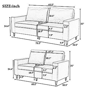 MOEO 2 Piece Leather Sofa Sets, Modern Upholstered Loveseat and 3 Couch Furniture for Living Room, Solid Frame and Wood Legs-Black PU (5 Seat)