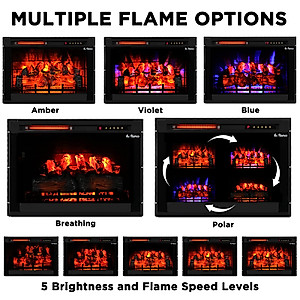 TURBRO in-Flames 28 Inch in-Wall Recessed Electric Fireplace Insert - Realistic Wood Log, 3D Adjustable Flame Effects, Infrared Quartz, Thermostat, and Timer - INF28-3D