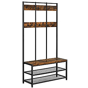 VASAGLE Large Coat Rack Stand, Coat Tree with 12 Hooks and Shoe Bench in Industrial Design, Hall Tree, Multifunctional Hallway Shelf, Office, Bedroom, Rustic Brown and Black UHSR86BX