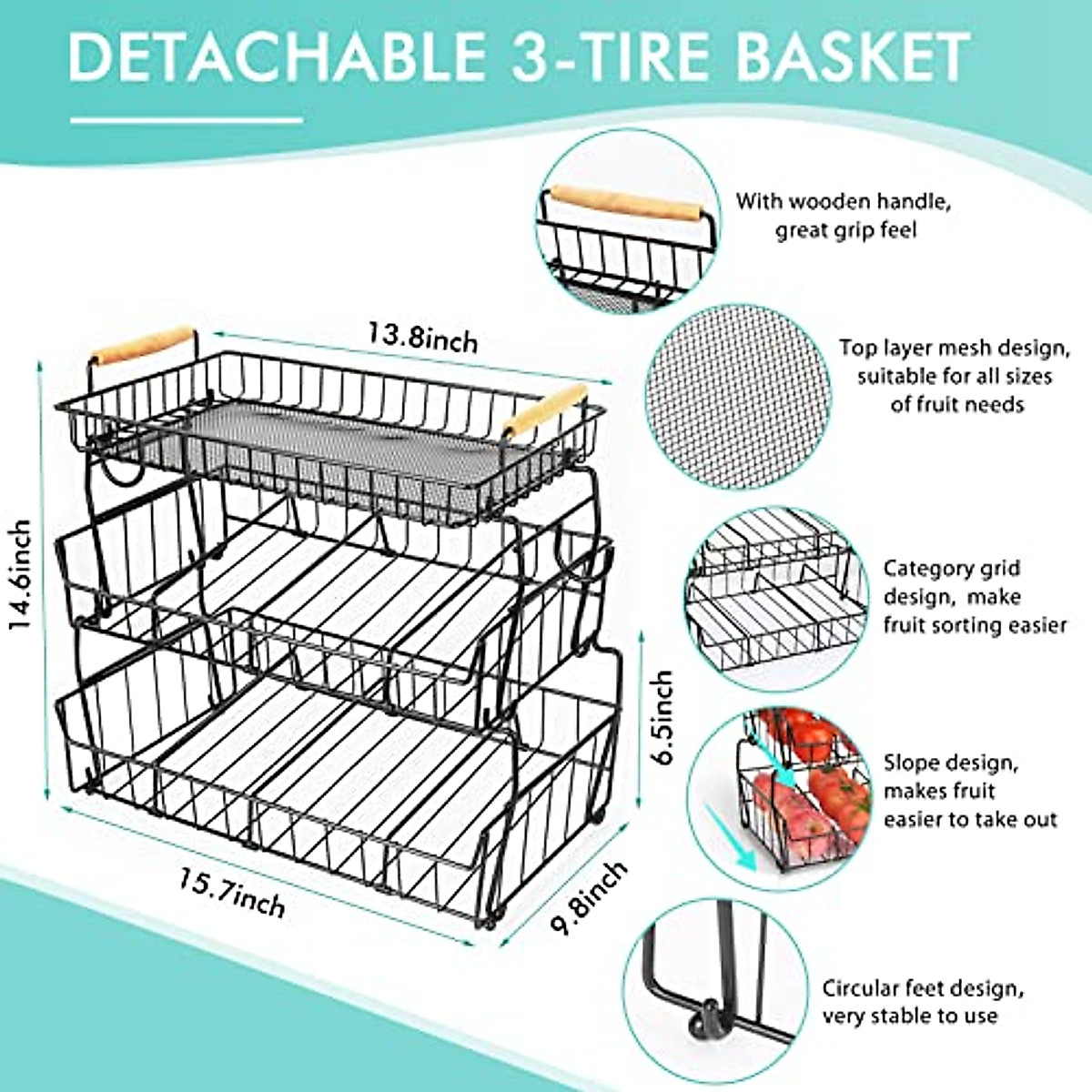 HOUMESO 3-Tier Countertop Fruit Basket Bowl with Banana Holder for Kitchen Beveled Detachable Fruit Vegetable Holder Storage Stand for Sorting Fruits