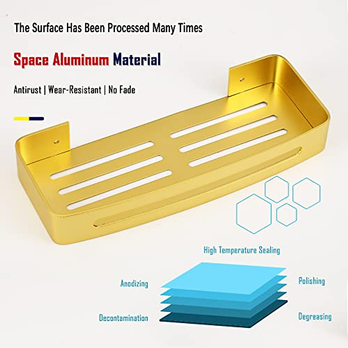 maifey Bright Gold Shower Caddy, Bathroom Shelves Wall Mounted, Metal Shower Shelves No Drilling, Shower Organizer Adhesive Installation, Antirust (2 Tiers)