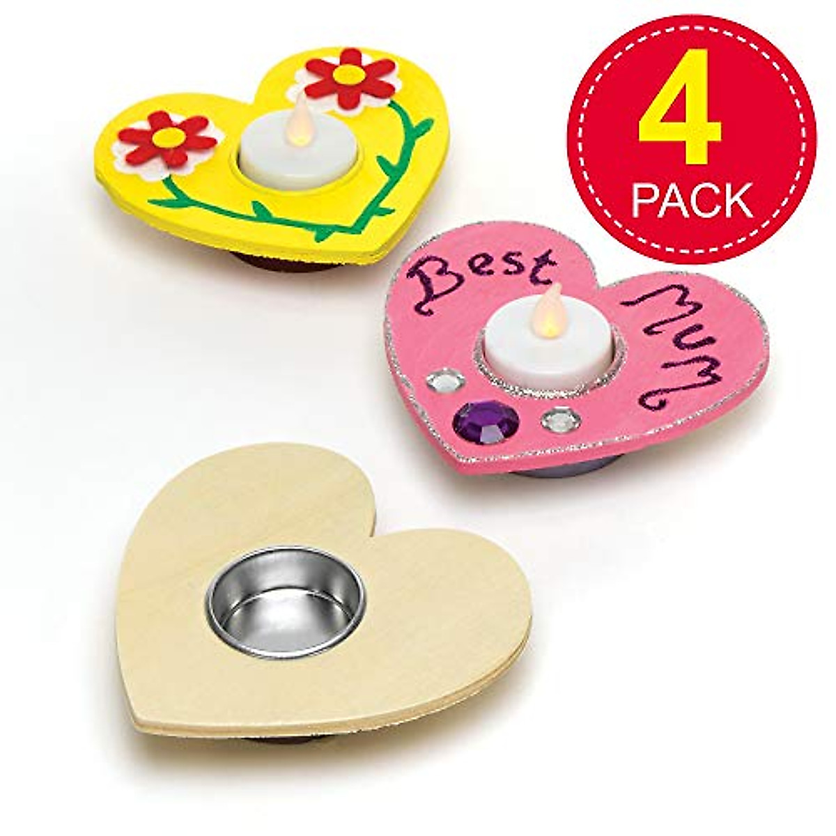Baker Ross EM1183 Heart Shaped Tealight Holders - Pack of 4, Wooden Arts and Craft Kit for Kids, Design and Paint Yourself, Ideal Home or School Activity, White