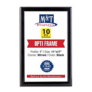M&T Displays Opti Snap Poster Frame 11x17 Inch Black 1" Aluminum Profile Front Loading Wall Mounting Photo Picture Document Certificate Sign Holder Mitered Corner Anti Glare Cover (10 pack)